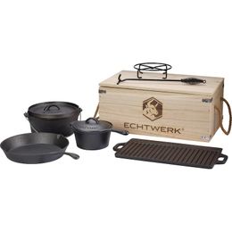 ECHTWERK Topf-Set »Dutch Oven« Set, Kochtopf, Stieltopf, Pfanne, Grillplatte, Deckelheber, Untersetzer, 7 Stk. tlg. Gusseisen schwarz