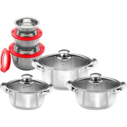 King Topf-Set Set, 3 Kochtöpfe Ø16 Ø18 Ø20cm, mit Glasdeckel, Schüsselset, 12 Stk. tlg. Edelstahl rot