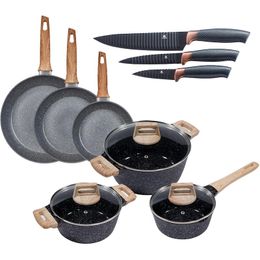 King Topf-Set »Essential« Set, 3 Töpfe, 3 Deckel, 3 Pfannen, 3 Küchenmesser, 12 Stk. tlg. Aluminium schwarz/holzfarben