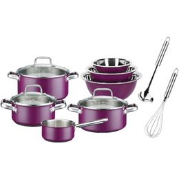GSW Topf-Set »Magic Color« Set, je 1 Kochtopf 16/20/24 cm, 1x Stielkasserolle 16 cm, 3 Schüsseln, 12 Stk. tlg. Edelstahl 18/8 violett