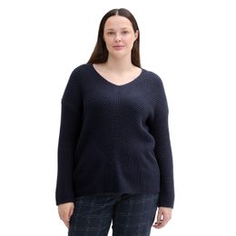 Strickpullover Tom Tailor PLUS, Damen, Gr. 50, blau (sky captain blau), Strick, Obermaterial: 55% Baumwolle, 25% Polyester, 20% Polyacryl, unifarben, regular fit taillenbedeckt, V-Ausschnitt, gerader Abschluss, Pullover, mit Rippstruktur