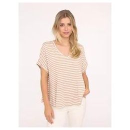 T-Shirt Zwillingsherz "Maritime Streifen", Damen, beige, Obermaterial: 97% Viskose, 3% Elasthan, gestreift, loose fit h&uuml;ftlang, V-Ausschnitt, Shirts T-Shirt, One Size, Kurzarm, V-Ausschnitt, gestreift, Loose Fit