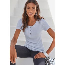Lascana Damen Lascana T-Shirt &raquo;mit kurzer Knopfleiste&laquo; aus weicher Viskose-Ripp-Qualit&auml;t blau 32/34