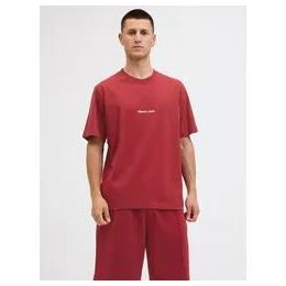 Jack & Jones Kurzarmshirt JACK & JONES "JORNORREBRO EMB TEE SS CREW NECK NOOS", Herren, Gr. L, rot (tibetan rot), Jersey, Obermaterial: 100% Baumwolle, bedruckt, relaxed fit normal, Rundhals, gerader Abschluss, Shirts, mit Logo Print