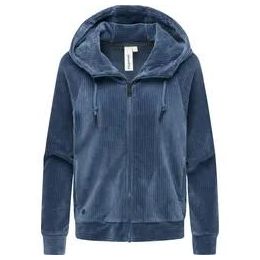 Sweatjacke Ragwear "Corduly Cordy", Damen, Gr. M (38), indigo, Material: 76% Baumwolle, 20% Polyester, 4% Elasthan, oversize h&uuml;ftlang, hoch geschlossener Ausschnitt, &Auml;rmel ohne &Auml;rmelschlitz abgesteppte Kante, Sweatjacken Sweatjacke, Freizeitjacke Zip-Hoodie aus weichem Kord in Samt-Haptik