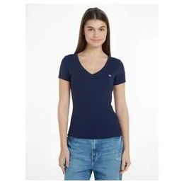 Tommy Hilfiger Kurzarmshirt TOMMY JEANS "TJW SLIM ESSENTIAL RIB V SHORT SLEEVE", Damen, Gr. L (40), blau (schwarz night navy), Feinripp, Obermaterial: 95% Baumwolle, 5% Elasthan, unifarben, slim fit kurz, tiefer V-Ausschnitt, abgesteppt, Shirts, mit gerippter Struktur, V-Ausschnitt, Slim Fit