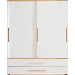Kleiderschrank Paidi "YOLANDA in Weiß mit Eiche-Dekor, 2 Schiebetüren und 2 Schubladen", weiß (kreideweiß, eiche, montana), B:164cm H:206,8cm T:62cm, Schränke, inkl. Kleiderstangen und Einlegeböden, Massivholz-Griffe, Soft-Close