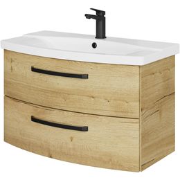 Waschtisch SAPHIR "Serie 4010 Keramik-Waschtisch mit Unterschrank, 84 cm breit", braun (halifax eiche quer nachbildung, halifax eiche quer nachbildung), B:84cm H:53,7cm T:45cm, Waschtische, Waschtisch, Waschplatz mit 2 Schubladen, Badm&ouml;bel-Set mit Waschtisch