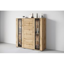 Highboard Inosign "Caro, modernes Design mit Glaseinsätzen, Breite 120 cm", braun (eichefarben votan), B:120cm H:122cm T:39,5cm, FSC-zertifizierter Holzwerkstoff, Sideboards, grifflose Fronten mit Push-to-Open, höhenverstellbare Einlegeböden