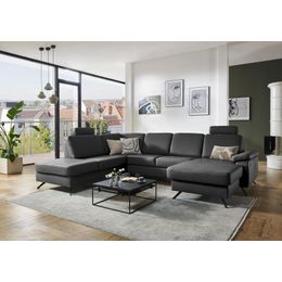 Wohnlandschaft DIE PLANBAR "PN-EM15047 U-Form, mit Kopfstützen", grau (anthrazit), B:309cm H:104cm T:235cm, Sofas, Echtleder, wahlweise mit Bettfunktion u. Stauraum