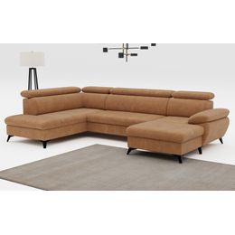 Wohnlandschaft COTTA "Hudson U-Form", braun (cognac), B:324cm T:207cm, Sofas, Wohnlandschaft, mit Kopfteilverstellung, wahlweise mit Bettfunktion & Bettkasten
