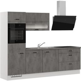 K&uuml;che IMPULS K&Uuml;CHEN ""Prag", Ausrichtung w&auml;hlbar, Schubk&auml;sten mit Soft-Close", grau (k&uuml;che: grau, korpus: wei&szlig;, arbeitsplatte: beton, optik schiefer dunkelgrau), B:270cm H:206,2cm T:60cm, Komplettk&uuml;chen-Sets, K&uuml;chenzeile, vormontiert, wahlweise mit E-Ger&auml;ten, mit Vollauszug, Breite 270 cm