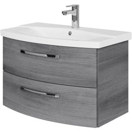 Waschtisch SAPHIR "Serie 4010 Keramik-Waschtisch mit Unterschrank, 84 cm breit", grau (graphit struktur quer nachbildung, graphit struktur quer nachbildung), B:84cm H:53,7cm T:45cm, Waschtische, Waschtisch, Waschplatz mit 2 Schubladen, Badm&ouml;bel-Set mit Waschtisch