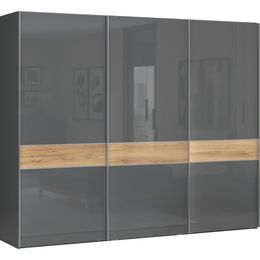 Kleiderschrank Places of Style "Onyx, Schwebetürenschrank inklusive Innenleben, FSC-zertifiziert", grau (anthrazit, walnussfarben), B:272cm H:224cm T:61cm, Spanplatte, Schränke, UV lackiert, hochglänzend anthrazit, mit Soft-Close Funktion
