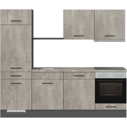 Küche IMPULS KÜCHEN ""Porto", Ausrichtung wählbar, Schubkästen mit Soft-Close", grau (küche: grau, korpus: grafitfarben, arbeitsplatte: beton, optik natur), B:240cm H:206,2cm T:60cm, Komplettküchen-Sets, Küchenzeile, vormontiert, wahlweise mit E-Geräten, mit Vollauszug, Breite 240 cm