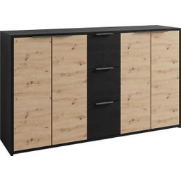 Sideboard ByLiving "Rimini", schwarz, B:139cm, Sideboards, Melamin Eiche schwarz und Artisan Eiche, 3 Schubkästen, 4 Türen