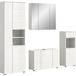 Badmöbel-Set Welltime "Biel, Höhe 190 cm, Hochschrank, Unterschrank, Spiegel, Standschrank", weiß (weiß melamin), B:210cm H:190cm T:34cm, Kastenmöbel-Sets, Bad Set, modernes Design, Hochschrank, Unterschrank, Spiegel