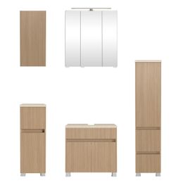 Badmöbel-Set Welltime "EIXO, 5tlg.-Set: Spiegelschrank, Unterbeckenschrank und Beimöbel", braun (eiche hell), B:120cm H:200cm T:35cm, Spanplatte, Kastenmöbel-Sets, Set 120 cm breit, Badmöbel mit LED-Beleuchtung