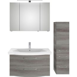 Badmöbel-Set SAPHIR "6005 Sprint 3-teilig, Keramik-Waschtisch mit LED-Spiegelschrank", grau (graphit struktur quer nachbildung), B:128cm H:200cm T:51,5cm, Spanplatte, Kastenmöbel-Sets, Badmöbel-Set, Midischrank, inkl. Türdämpfer, 4 Türen, 4 Schubladen, Bad-Set