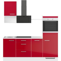 Küchenzeile IMPULS KÜCHEN ""Turin", Ausrichtung wählbar, Schubkästen mit Soft-Close", rot (küche: rot, front: rot hochglanz, korpus: weiß, arbeitsplatte: carrara weiß), B:215cm H:235cm T:60cm, Komplettküchen-Sets, vormontiert, wahlw. mit E-Geräten, Breite 215 cm