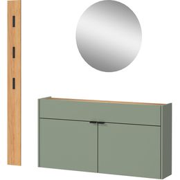 Garderoben-Set Germania "Ameca", grün, B:140cm H:200cm T:22cm, Kastenmöbel-Sets, mit Mehrzweckschrank, Spiegel und Garderobenpaneel, geringe Tiefe