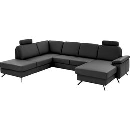 Wohnlandschaft DIE PLANBAR "PN-EM15047 U-Form, mit Kopfstützen", grau (anthrazit), B:309cm H:104cm T:235cm, Sofas, Echtleder, wahlweise mit Bettfunktion u. Stauraum