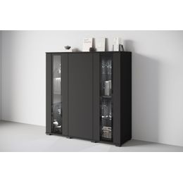 Highboard Inosign "Caro, modernes Design mit Glaseinsätzen, Breite 120 cm", schwarz (graphite schwarz matt), B:120cm H:122cm T:39,5cm, FSC-zertifizierter Holzwerkstoff, Sideboards, grifflose Fronten mit Push-to-Open, höhenverstellbare Einlegeböden