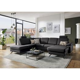 Wohnlandschaft DIE PLANBAR "PN-EM15047 U-Form, mit Kopfstützen", schwarz, B:309cm H:104cm T:235cm, Sofas, Echtleder, wahlweise mit Bettfunktion u. Stauraum