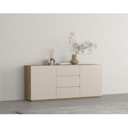 Sideboard Inosign "Criss, Breite 150 cm, moderne grifflose Kommode 2Türen/3SK", mauvella eiche, kaschmir, B:150cm H:64cm T:34cm, FSC-zertifizierter Holzwerkstoff, Melamin, Metall, Sideboards, Schubladenkommode mit viel Stauraum, Einlegeböden verstellbar