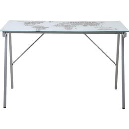 Schreibtisch Inosign "Tullia", grau (grau, wei&szlig;, grau, wei&szlig;, grau), B:113cm H:73cm T:58cm, Pulverbeschichtetes Metall, Platte Sicherheitsglas, Tische, Schreibtisch, mit Weltkartenaufdruck auf der Tischplatte