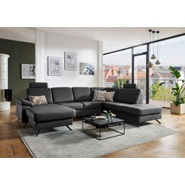 Wohnlandschaft DIE PLANBAR "PN-EM15047 U-Form, mit Kopfstützen", grau (anthrazit), B:309cm H:104cm T:235cm, Sofas, Echtleder, wahlweise mit Bettfunktion u. Stauraum