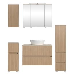 Badmöbel-Set Welltime "EIXO, 5tlg.-Set: Spiegelschrank, Waschtisch und Beimöbel", braun (eiche hell), B:110cm H:200cm T:47cm, Spanplatte, Kastenmöbel-Sets, Set 140 cm breit, Badmöbel mit LED-Beleuchtung