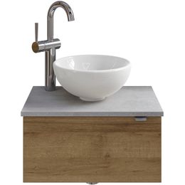 Waschtisch SAPHIR "Serie 6915 Waschschale mit Unterschrank für Gästebad, Gäste WC", braun (riviera eiche, oxid hellgrau, riviera eiche quer nb), B:51cm H:39,8cm T:35cm, Waschtische, 51 cm breit, 1 Tür, Waschtischplatte, kleine Bäder, ohne Armatur