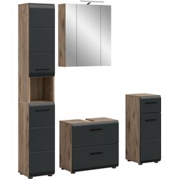 Badezimmer-Set Inosign, nox oak nb, sschwarz matt, B:150cm H:185cm T:30cm, MDF, Spanplatte, Kastenmöbel-Sets, Florenz, Badkombination 5-tlg.,Nox Oak NB,l inkl Beleuchtung