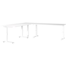 Schreibtisch Germania "Mailand", weiß (weiß, weiß, weiß), B:260cm H:91cm T:200cm, Tische, Schreibtisch, Mechanisch höheneinstellbarer Winkelschreibtisch mit einem Stützfuß