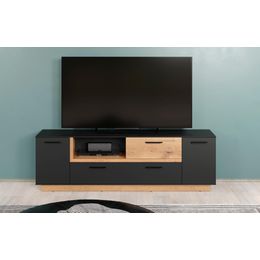 TV-Bank Inosign "Premont", schwarz (anthrazit melamin, coast evoke eiche nachbildung), B:187cm H:59cm T:40cm, FSC-zertifizierter Holzwerkstoff, Sideboards, Eleganter, zweifarbiger TV-Schrank - Lowboard mit Soft-Close