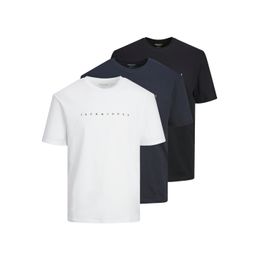 Jack & Jones T-Shirt JACK & JONES JUNIOR "JJESTAR JJ TEE SS NOOS 3PK MP JNR", Jungen, Gr. 140, weiß (schwarz navy pack:schwarz, weiß), Single Jersey, Obermaterial: 100% Baumwolle, bedruckt, regular fit normal, Rundhals, Shirts