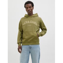 Jack & Jones Kapuzensweatshirt JACK & JONES "JORALMERIA SWEAT HOOD", Herren, Gr. L, beige (cedar), angeraute Sweatware, Obermaterial: 100% Baumwolle, bedruckt, regular fit taillenbedeckt, ohne Ausschnitt, Rippbündchen, Sweatshirts, mit Logo Print