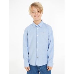 Langarmhemd Tommy Hilfiger "BOYS STRETCH OXFORD SHIRT L/S", Jungen, Gr. 8 (128), N-Gr, blau (calm blau), Web, Obermaterial: 97% Baumwolle, 3% Elasthan, unifarben, Basic, Basic, eingesetzt 1-Knopf-Manschette, Hemden, Kinder bis 16 Jahre, Button-down-Kragen, Langarm, Logo-Flag
