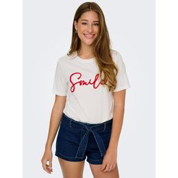 T-Shirt Only "ONLKIKO LIFE S/S O-NECK TERRY TOP CS JRS", Damen, Gr. XS, cloud dancer print:smile, Jersey, Obermaterial: 100% Baumwolle, bedruckt, regular fit, Rundhals, Shirts T-Shirt