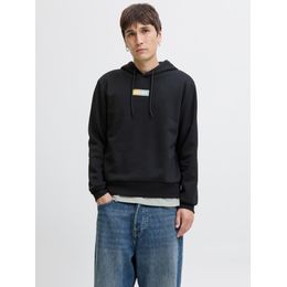 Jack & Jones Kapuzensweatshirt JACK & JONES "JJPAN SWEAT HOOD", Herren, Gr. L, schwarz, angeraute Sweatware, Obermaterial: 60% Baumwolle, 40% Polyester, bedruckt, regular fit, Rundhals, Rippbündchen, Sweatshirts