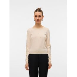 Véro Moda Rundhalspullover VERO MODA "VMGLORY PEARL LS O-NECK PULLOVER BOO", Damen, Gr. M, beige (birch), Strick, Obermaterial: 80% Viskose, 20% Nylon, unifarben, regular fit, Rundhals, Rippstrickbündchen, Pullover