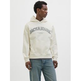 Jack & Jones Kapuzensweatshirt JACK & JONES "JORALMERIA SWEAT HOOD", Herren, Gr. M, wei&szlig; (antique wei&szlig;), angeraute Sweatware, Obermaterial: 100% Baumwolle, bedruckt, regular fit taillenbedeckt, ohne Ausschnitt, Rippb&uuml;ndchen, Sweatshirts, mit Logo Print