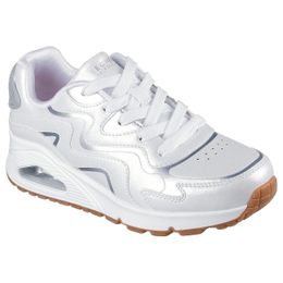 Sneaker Skechers "UNO GEN1", Mädchen, Gr. 29, silber (weiß, silberfarben), Lederimitat, glänzend, Schuhe, Schnürschuh mit Memory Foam, Größenschablone zum Download