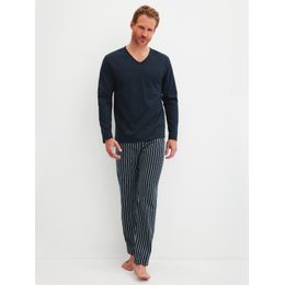Schlafanzug Calida "Cotton Special", Herren, Gr. L (52/54), blau (saphir blau), Single Jersey, Obermaterial: 100% Baumwolle, bequem lang, V-Ausschnitt, gerader Abschluss, Homewear-Sets, Langarm, V-Ausschnitt, Comfort Fit, lange Hose