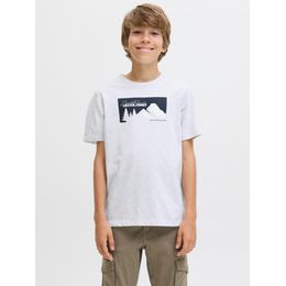 Jack & Jones T-Shirt JACK & JONES JUNIOR "JJSUN TEE SS CREW NECK JNR", Jungen, Gr. 140, grau (wei&szlig; melange), Single Jersey, Obermaterial: 100% Baumwolle, bedruckt, regular fit normal, Rundhals, Shirts T-Shirt