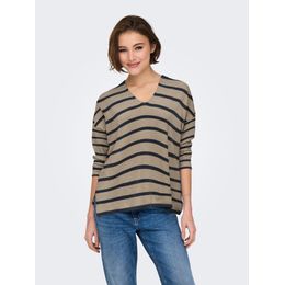 Strickpullover Only "ONLAMALIO LIFE LS V-NECK KNT", Damen, Gr. XS, humus stripes:mel, ombre blau, Strick, Obermaterial: 100% Polyester, gestreift, oversize, V-Ausschnitt, Pullover Strickpullover