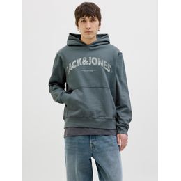 Jack & Jones Kapuzensweatshirt JACK & JONES "JORALMERIA SWEAT HOOD", Herren, Gr. L, grau (stormy weather), angeraute Sweatware, Obermaterial: 100% Baumwolle, bedruckt, regular fit taillenbedeckt, ohne Ausschnitt, Rippbündchen, Sweatshirts, mit Logo Print
