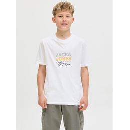 Jack & Jones T-Shirt JACK & JONES JUNIOR "JORCANGGU mit Druck und angenehmem Tragegefühl", Jungen, Gr. 152, weiß (hellweiß), Single Jersey, Obermaterial: 100% Baumwolle, bedruckt, normal, Rundhals, Shirts T-Shirt, bedruckt, modisch, regular fit, Single Jersey, Rundhals