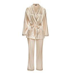 Pyjama Bruno Banani, Damen, Gr. 36, beige (creme), Obermaterial: 95% Polyester, 5% Elasthan, bequem, V-Ausschnitt, mit Paspel, Homewear-Sets, Satin mit Kontrastpaspel-Details